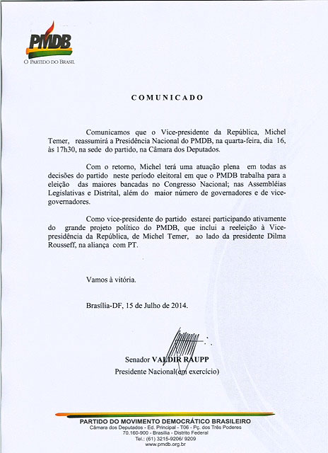 Michel Temmer reassume comando do PMDB - MS Notícias